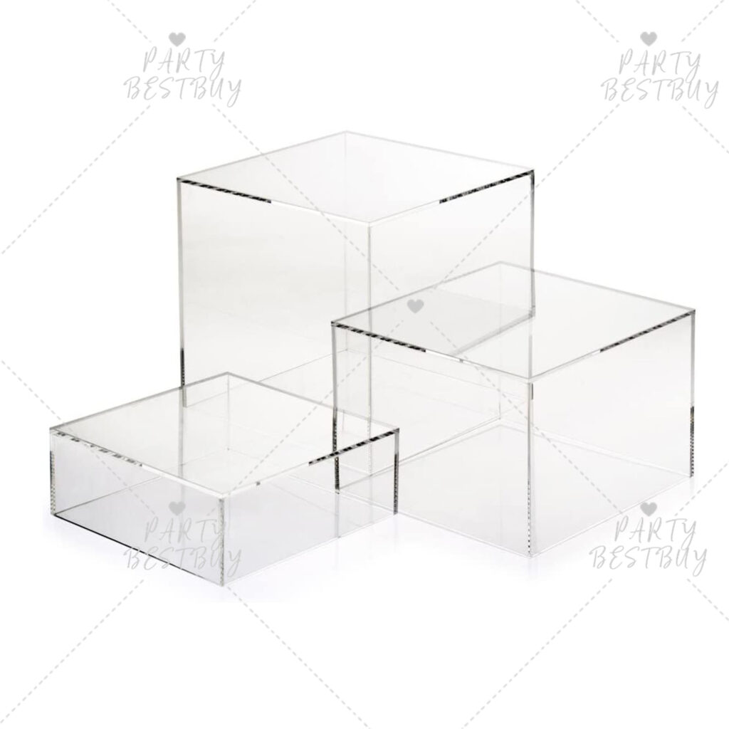 3x Acrylic Display Risers Boxes Cubes 5 Sided with Hollow Bottoms for ...